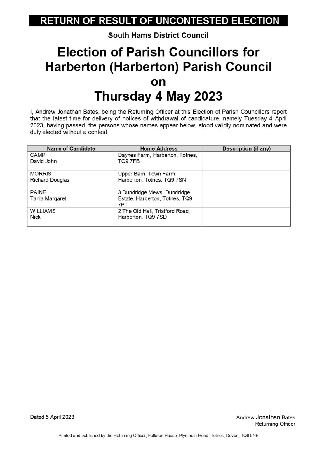 2023 Local Elections - Harberton Parish Council